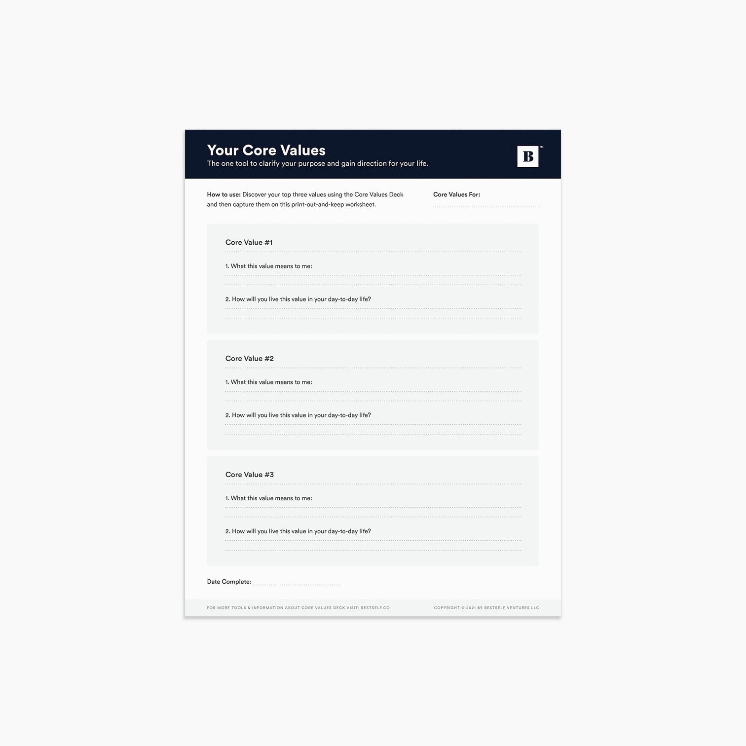 Core Values Worksheet - workbook course – BestSelf Co.